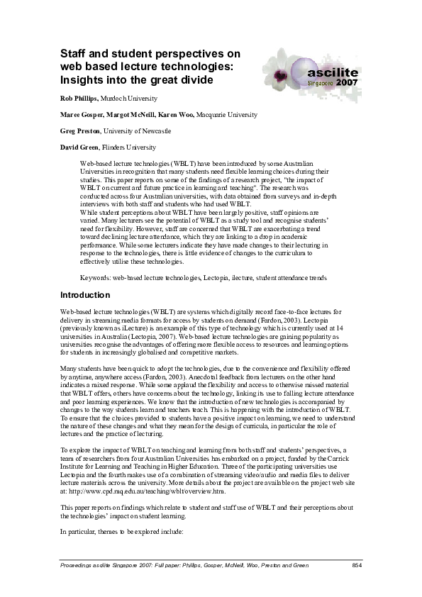 (PDF) Staff and student perspectives on web based lecture technologies: Insights into the great ...