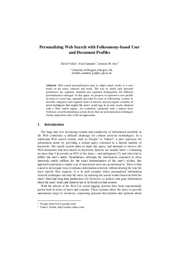 (PDF) Personalizing web search with folksonomy-based user and document profiles