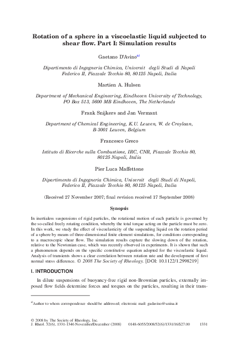 (PDF) Rotation of a sphere in a viscoelastic liquid subjected to shear ...