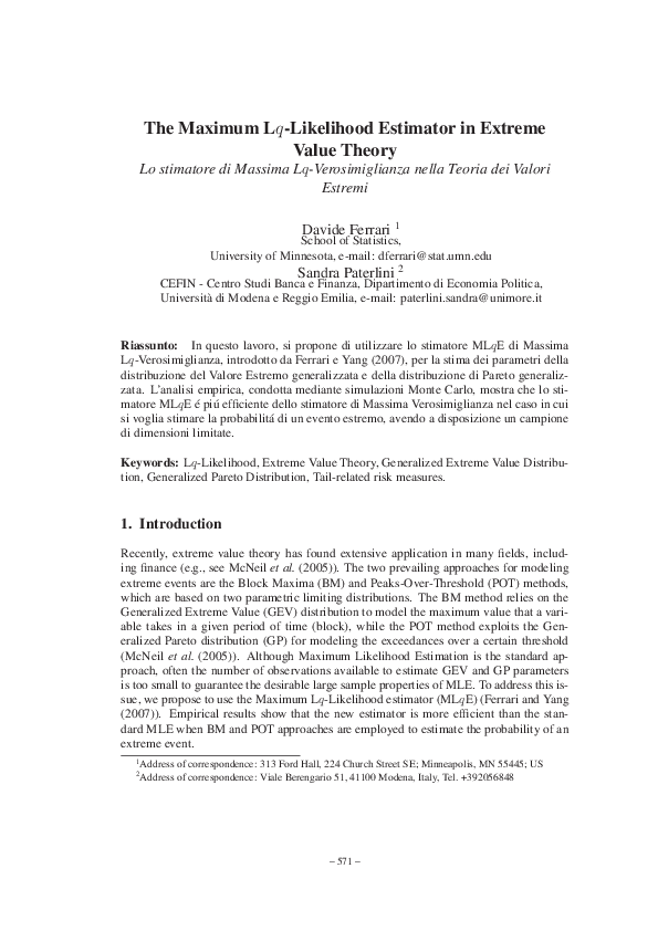 (PDF) The Maximum Lq-Likelihood Estimator in Extreme Value Theory