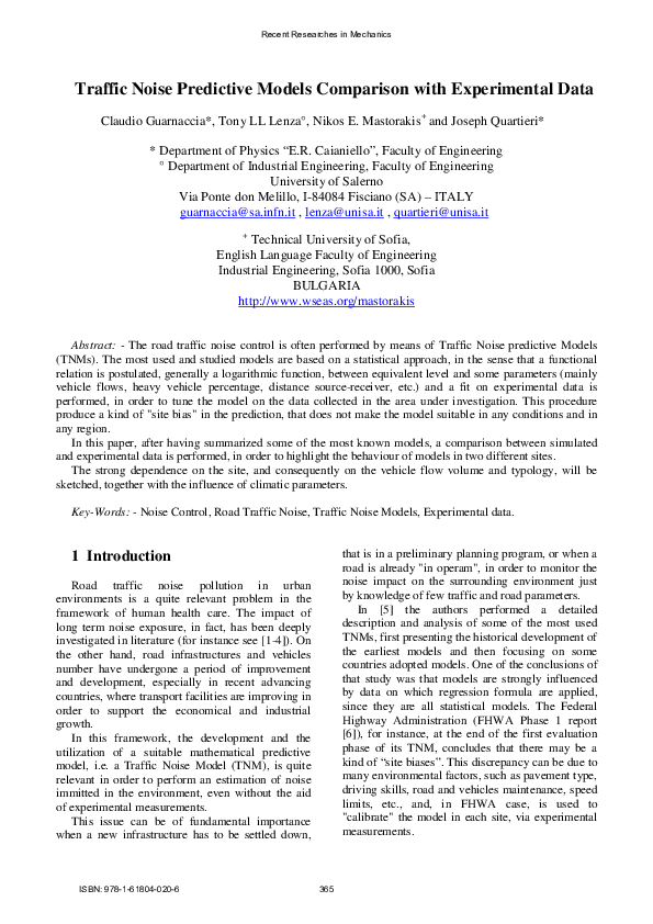 Pdf Traffic Noise Predictive Models Comparison With Experimental Data