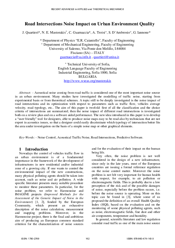 (PDF) Road Intersections Noise Impact on Urban Environment Quality