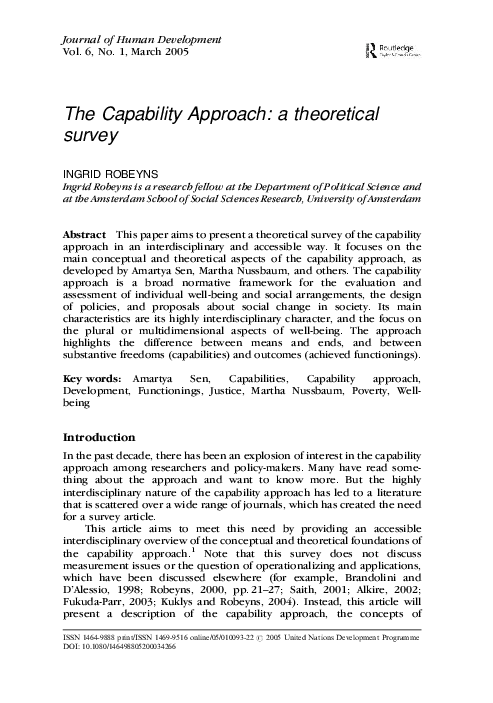 (PDF) The capability approach: a theoretical survey