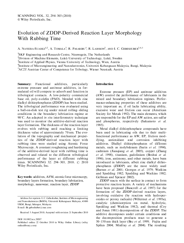 (PDF) Evolution of ZDDP‐derived reaction layer morphology with rubbing time