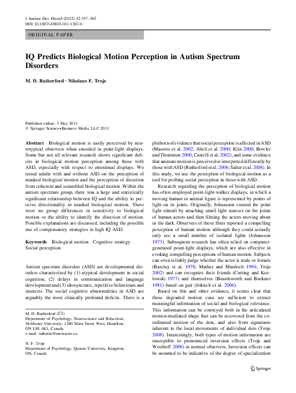 (PDF) IQ Predicts Biological Motion Perception in Autism Spectrum Disorders