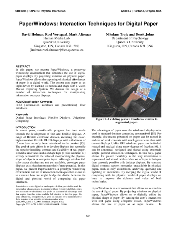 (PDF) Paper windows: interaction techniques for digital paper