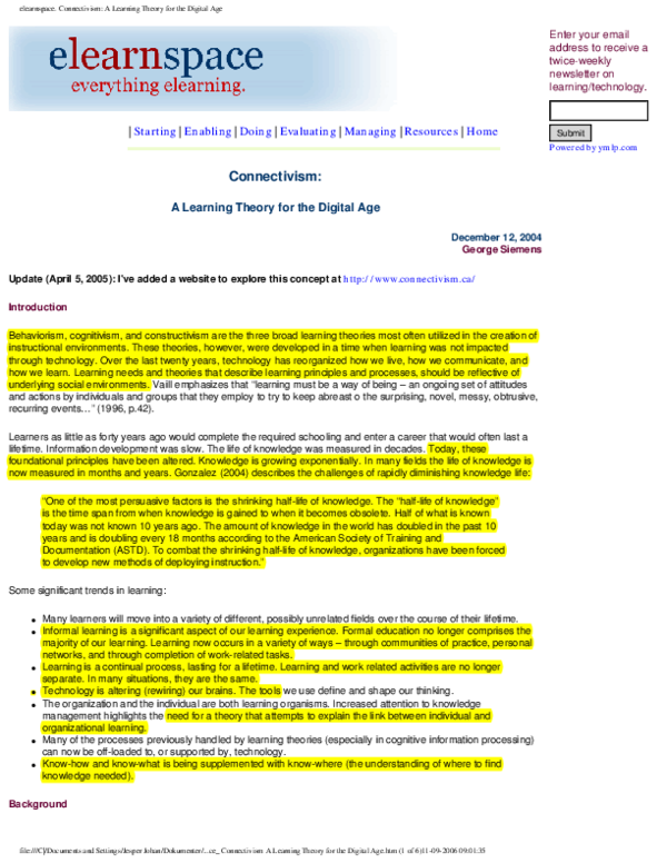 (PDF) Connectivism: a learning theory for the digital age