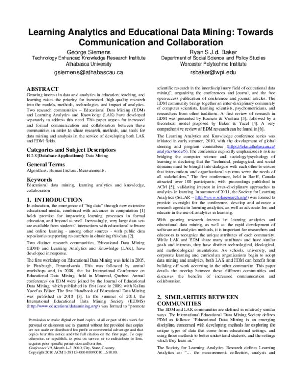 Pdf Learning Analytics And Educational Data Mining Towards Communication And Collaboration