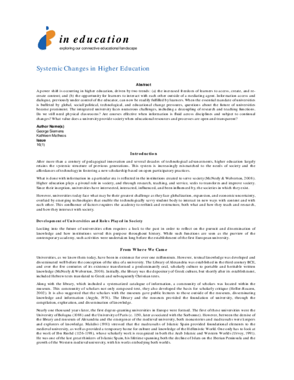 (PDF) Systemic changes in higher education