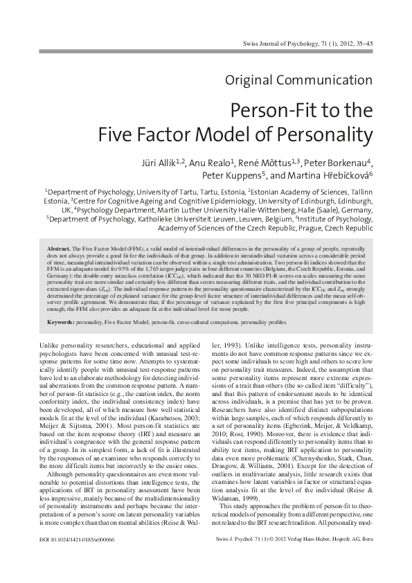 (PDF) Person-Fit to the Five Factor Model of Personality