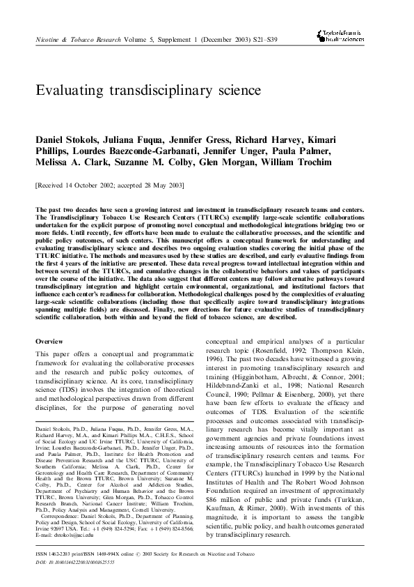 (PDF) Evaluating transdisciplinary science