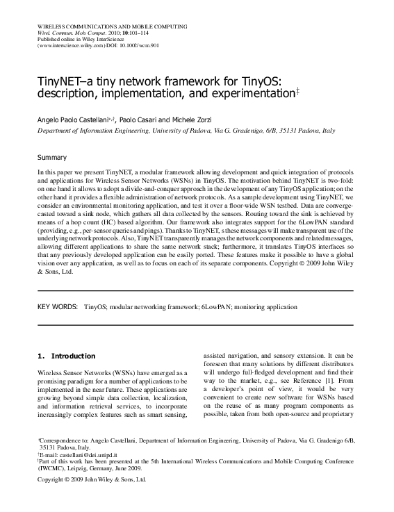 (PDF) TinyNET—a tiny network framework for TinyOS: description, implementation, and ...