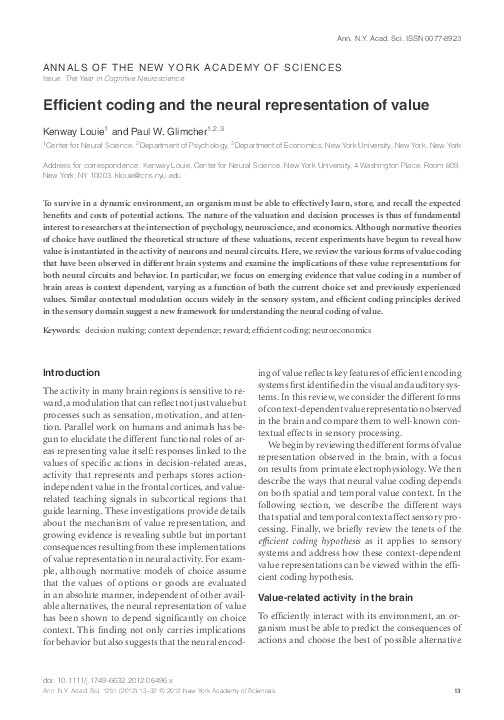 (PDF) Efficient coding and the neural representation of value