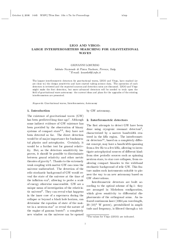 (PDF) LIGO and VIRGO: large interferometers searching for gravitational waves