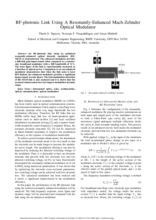 (PDF) RF-photonic link using a resonantly-enhanced Mach-Zehnder optical modulator