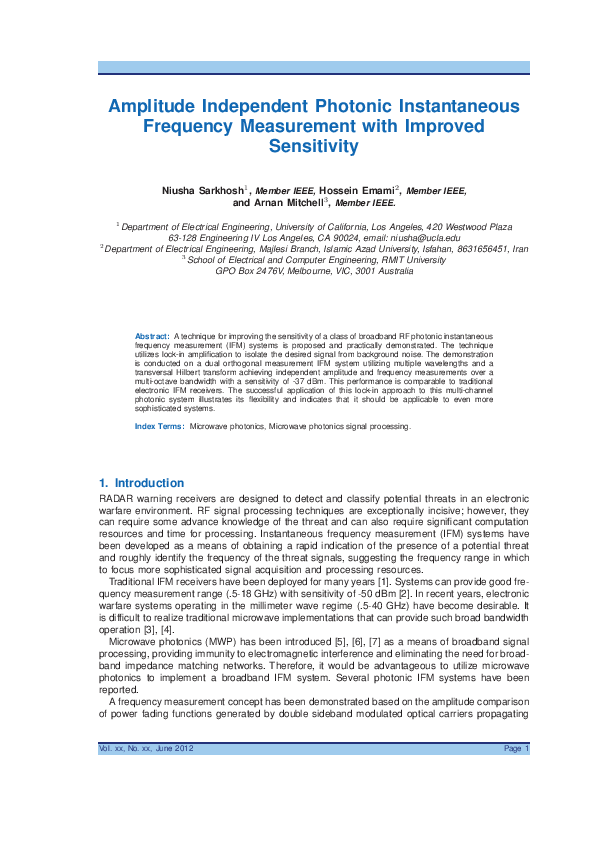 (PDF) Amplitude-Independent Photonic Instantaneous Frequency Measurement With Improved Sensitivity