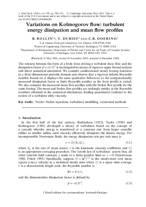 (PDF) Variations on Kolmogorov flow: turbulent energy dissipation and mean flow profiles
