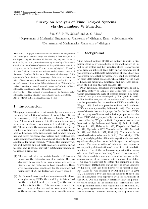 (PDF) Survey on analysis of time delayed systems via the Lambert W function