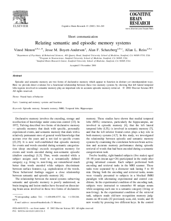 (PDF) Relating semantic and episodic memory systems