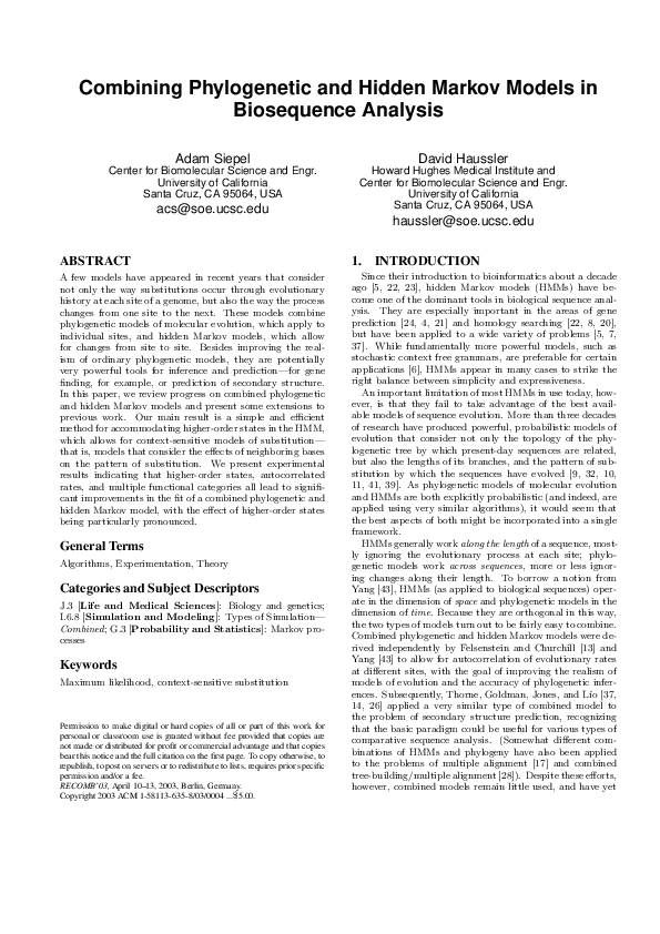 (PDF) Combining phylogenetic and hidden Markov models in biosequence analysis