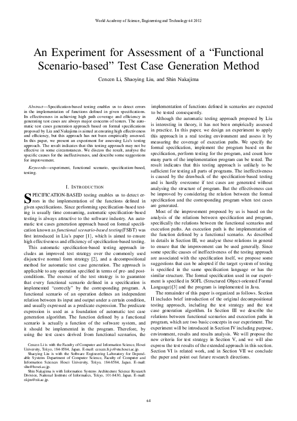 (PDF) An Experiment for Assessment of a “Functional Scenario-based ...