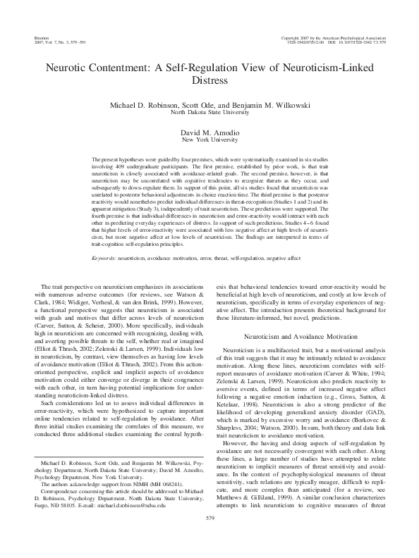 (PDF) Neurotic contentment: A self-regulation view of neuroticism ...