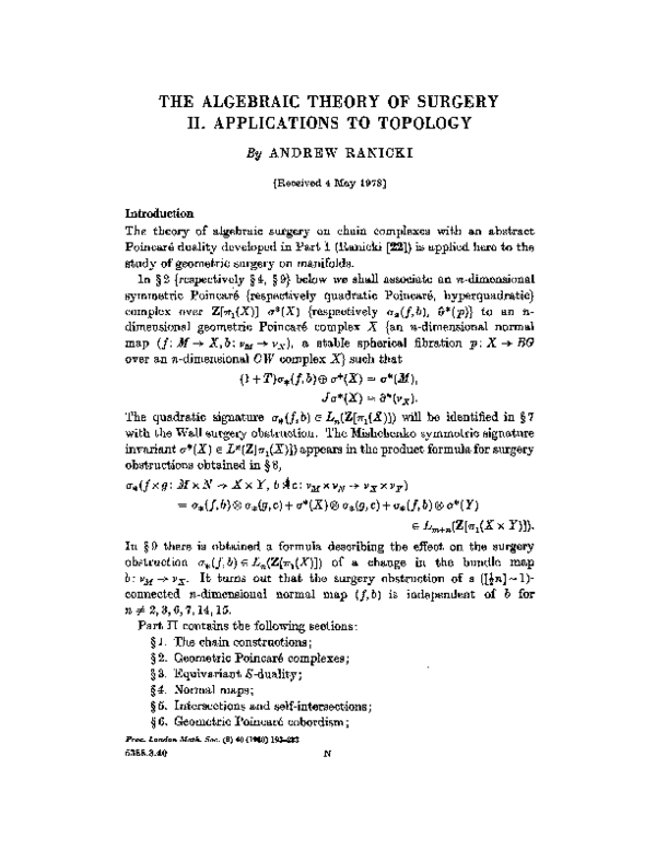 (PDF) THE ALGEBRAIC THEORY OF SURGERY 11. APPLICATIONS TO TOPOLOGY