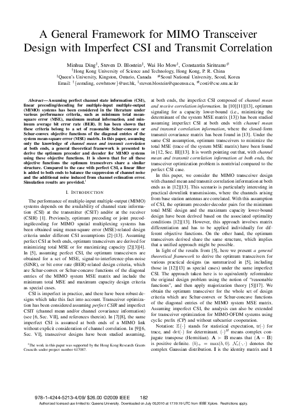 (PDF) A general framework for MIMO transceiver design with imperfect CSI and transmit correlation