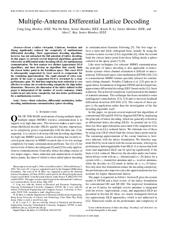 (PDF) Multiple-antenna differential lattice decoding (PDF) Multiple-antenna differential lattice decoding