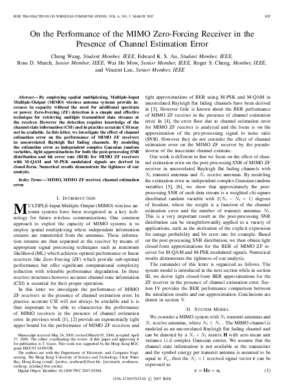 (PDF) On the performance of the MIMO zero-forcing receiver in the presence of channel estimation ...