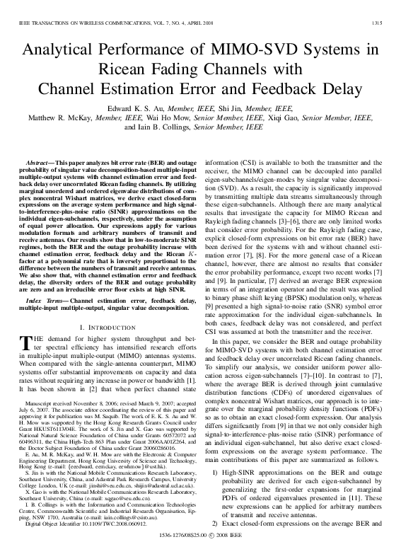 (PDF) Analytical performance of MIMO-SVD systems in Ricean fading channels with channel ...
