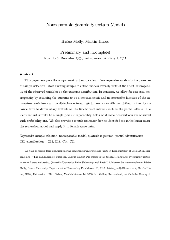 (PDF) Nonseparable sample selection models