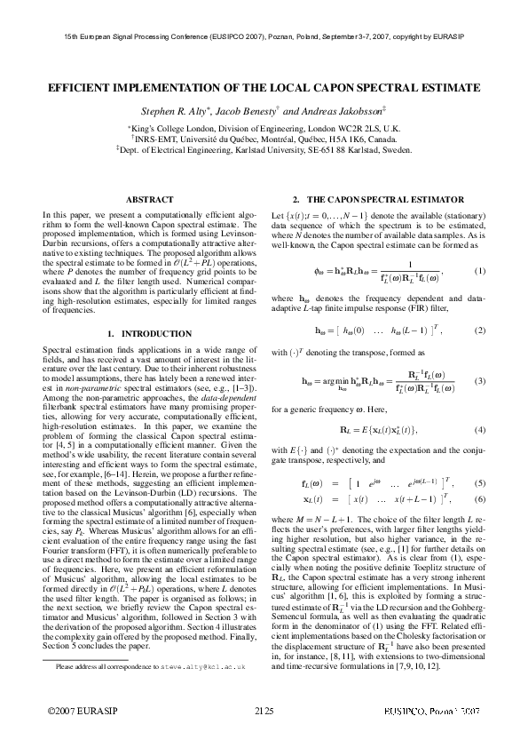(PDF) EFFICIENT IMPLEMENTATION OF THE LOCAL CAPON SPECTRAL ESTIMATE