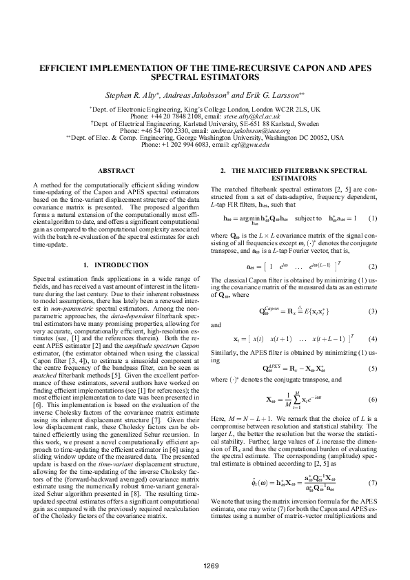(PDF) Efficient implementation of the time-recursive Capon and APES spectral estimators