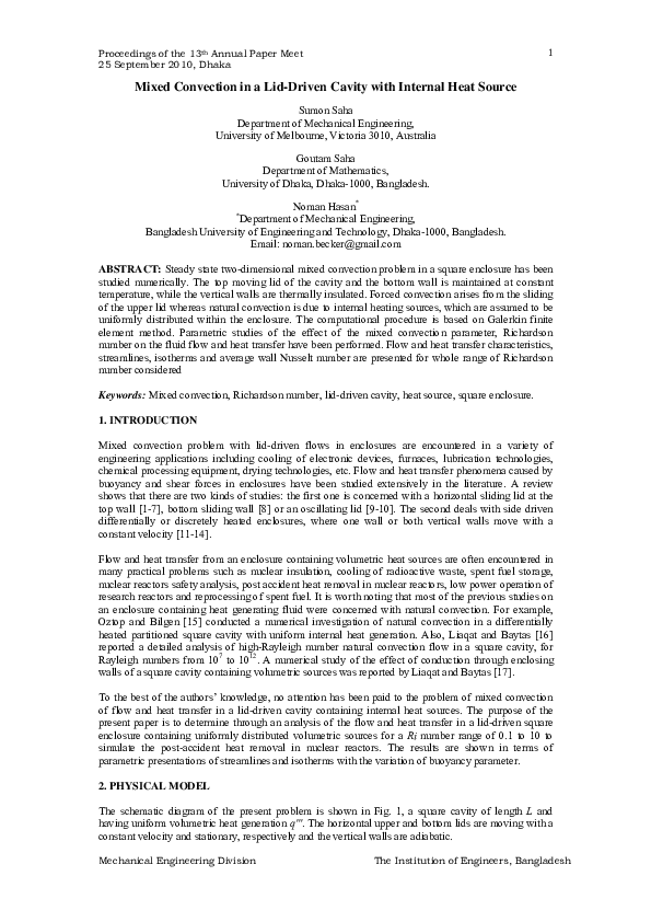 Pdf Mixed Convection In A Lid Driven Cavity With Internal Heat Source
