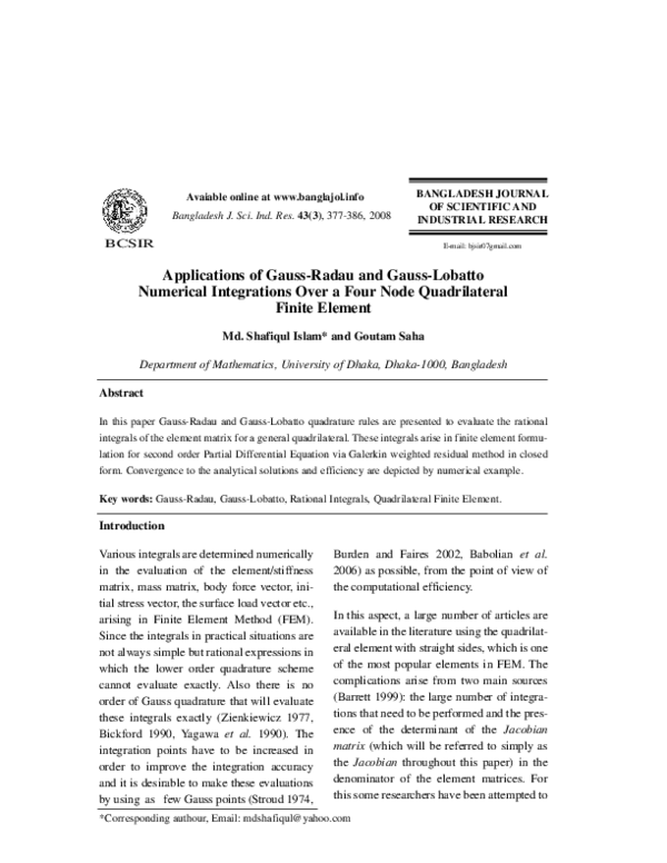 Pdf Applications Of Gauss Radau And Gauss Lobatto Numerical Integrations Over A Four Node