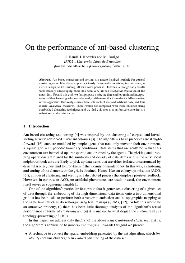 Pdf On The Performance Of Ant Based Clustering 3833