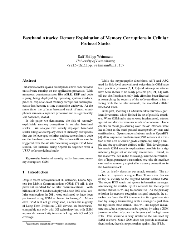(PDF) Baseband Attacks: Remote Exploitation of Memory Corruptions in Cellular Protocol Stacks