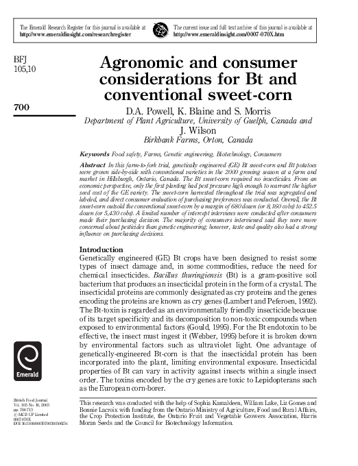 (PDF) Agronomic and consumer considerations for Bt and conventional ...