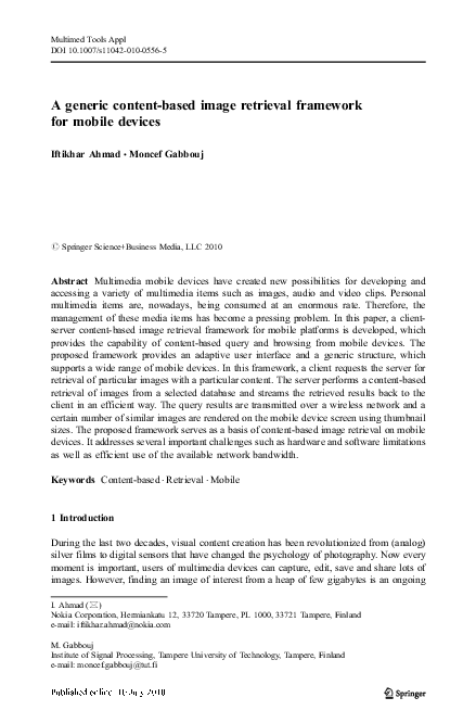 Pdf A Generic Content Based Image Retrieval Framework For Mobile Devices