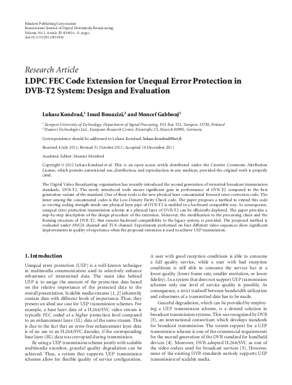 (PDF) LDPC FEC Code Extension for Unequal Error Protection in DVB-T2 System: Design and Evaluation