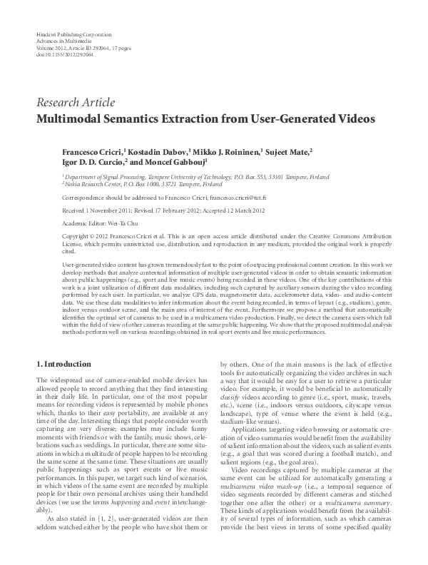 (PDF) Multimodal semantics extraction from user-generated videos