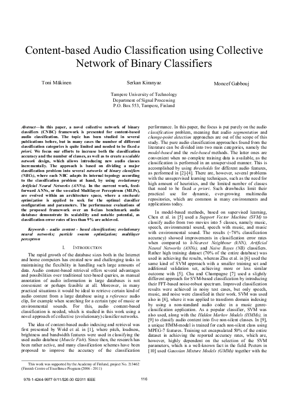 Pdf Content Based Audio Classification Using Collective Network Of Binary Classifiers