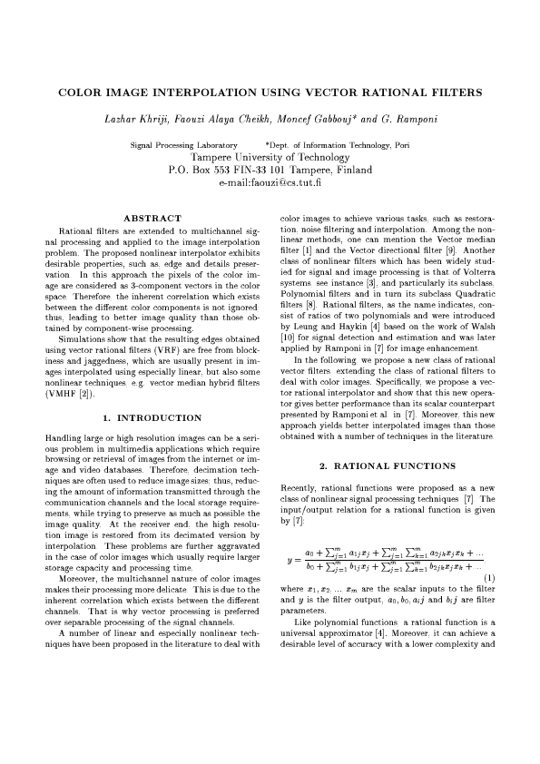 Pdf Color Image Interpolation Using Vector Rational Filters