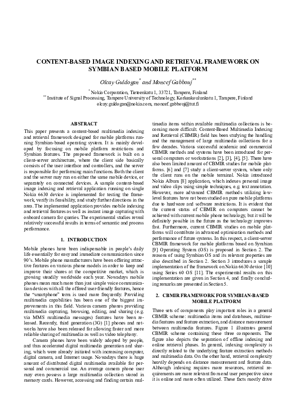 Pdf Content Based Image Indexing And Retrieval Framework On Symbian
