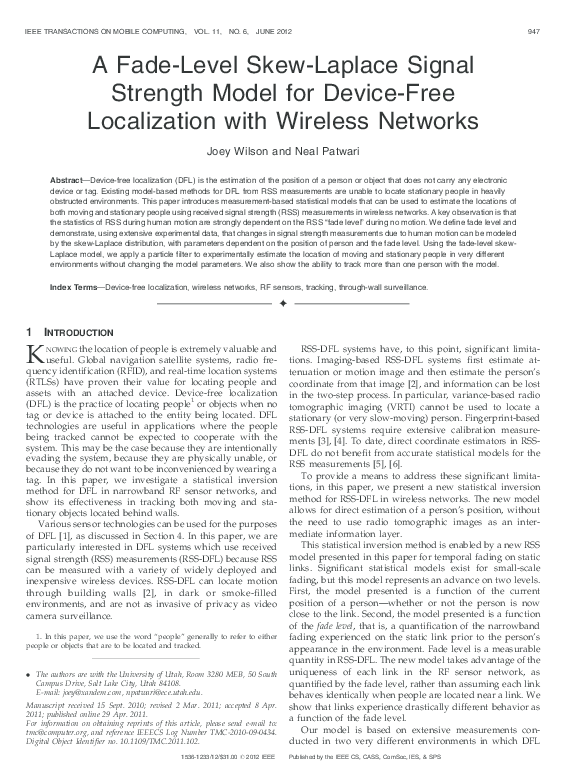 (PDF) A fade level skew-Laplace signal strength model for device-free localization with wireless ...