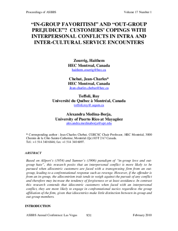 (PDF) “IN-GROUP FAVORITISM” AND “OUT-GROUP PREJUDICE”? CUSTOMERS ...