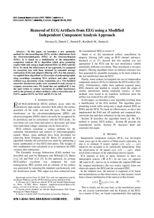 (PDF) Removal of ECG artifacts from EEG using a modified independent component analysis approach