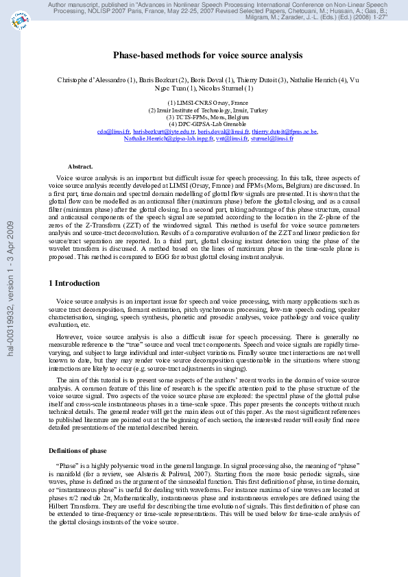 (PDF) Phase-based methods for voice source analysis