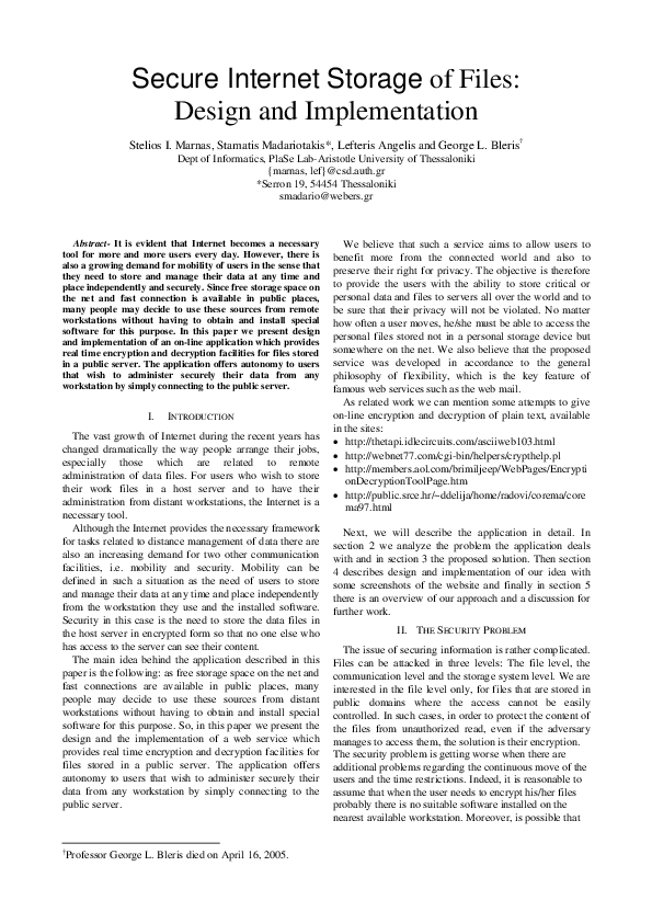 (PDF) Secure Internet Storage of Files: Design and Implementation